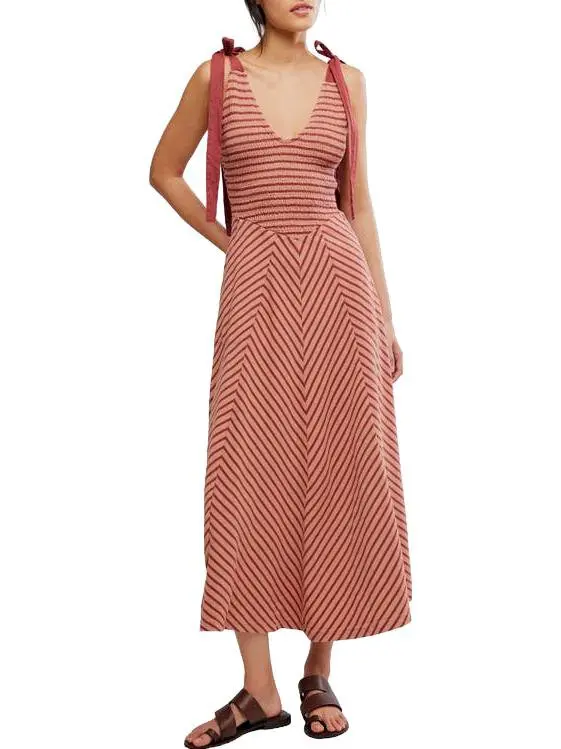 Free People Cecelia Stripe Tie Shoulder Midi Dress - Burnt Henna Combo