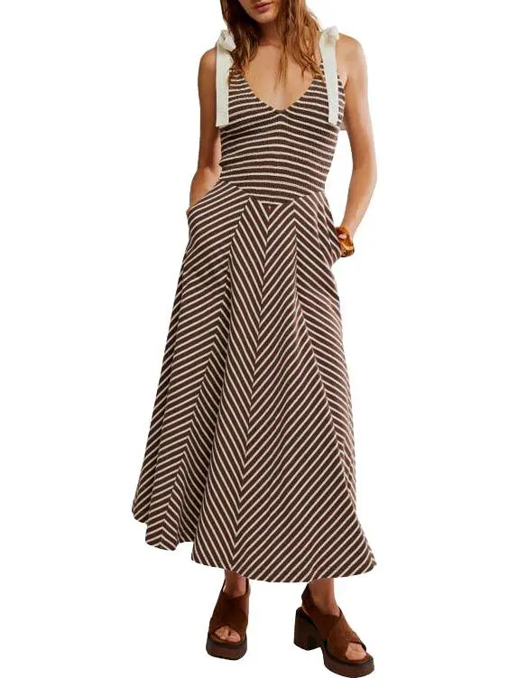 Free People Cecelia Stripe Tie Shoulder Midi Dress - Coconut Milk Combo