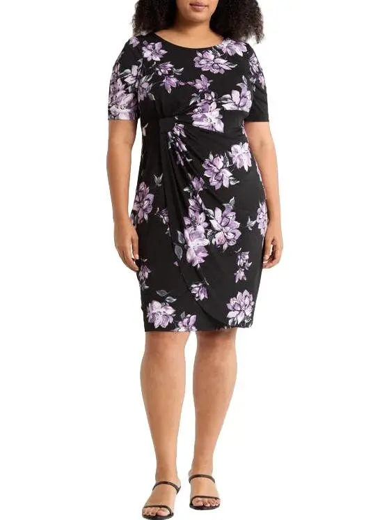 CONNECTED APPAREL Floral Print Faux Wrap Dress - Black