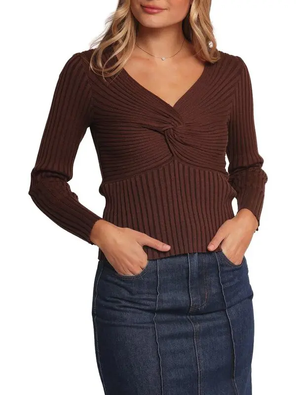 PETAL & PUP Demi Twist Ribbed Sweater - Brown