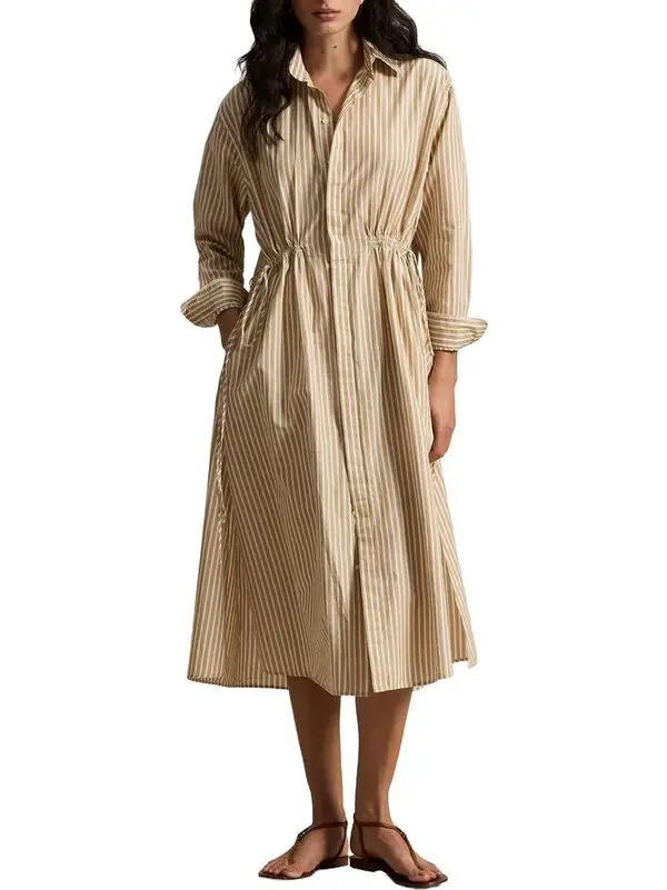Polo Ralph Lauren Long Sleeve Stripe Shirtdress - Classic Camel/white