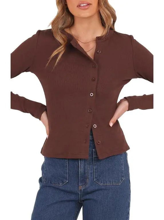 PETAL & PUP Ribbed Stretch Cotton Button-up Shirt - Chocolate Brown