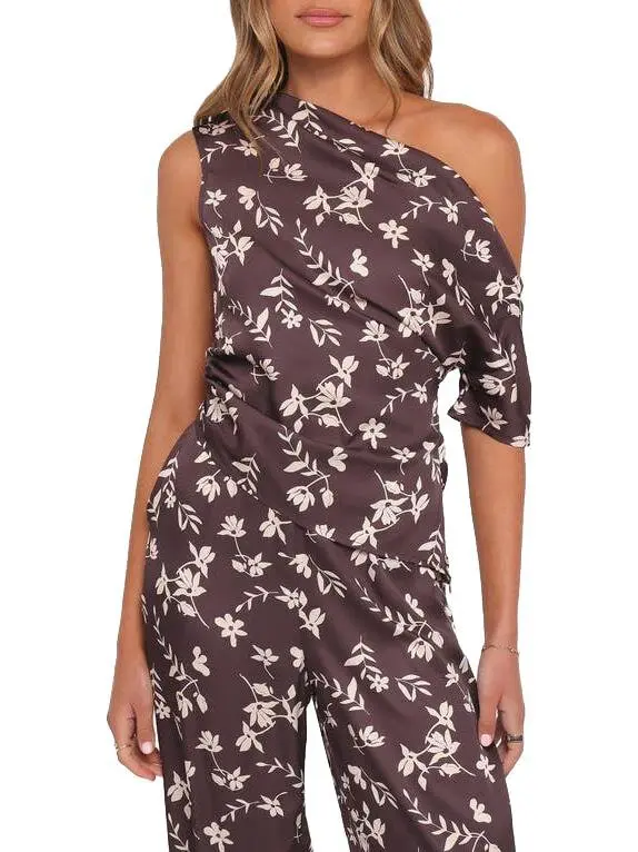PETAL & PUP Romola Ruched One-shoulder Top - Brown Cream Floral