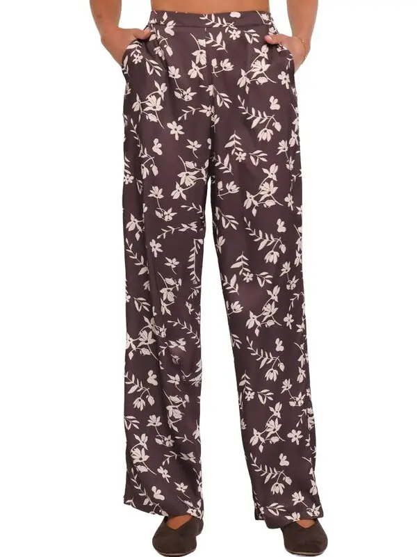 PETAL & PUP Printed Wide-leg Pants - Brown Cream Floral