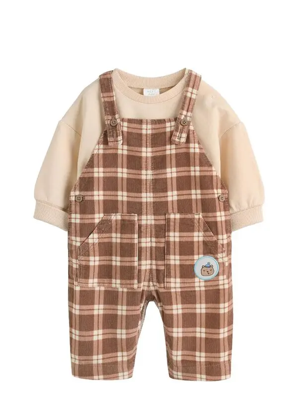 NEXT Check Cotton Sweatshirt Bodysuit & Overalls Set - Tan