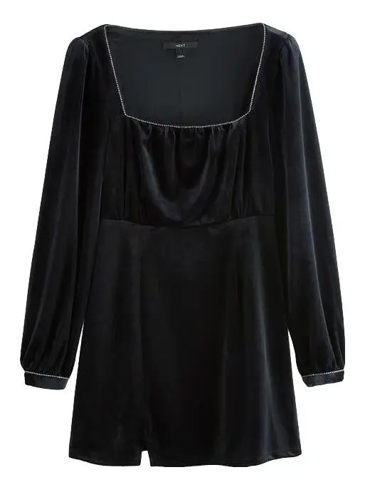 NEXT Diamante Trim Velvet Mini Dress - Black