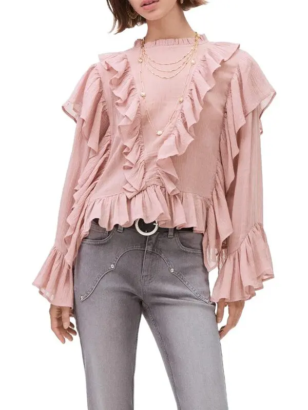 Mango Ruffle Long Sleeve Cotton Crop Top - Pink