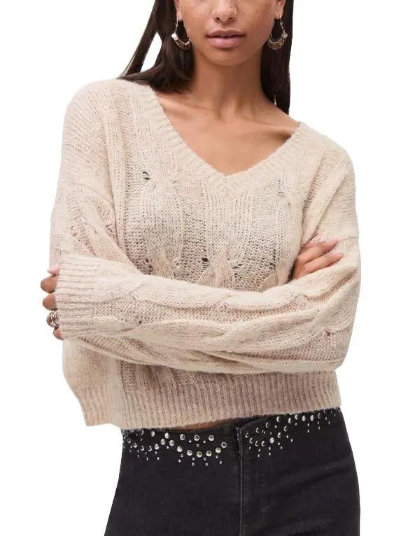 Mango V-neck Cable Knit Sweater - Sand