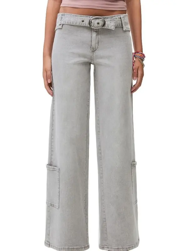 Mango Buckle Low Rise Wide Leg Cargo Jeans - Denim Grey