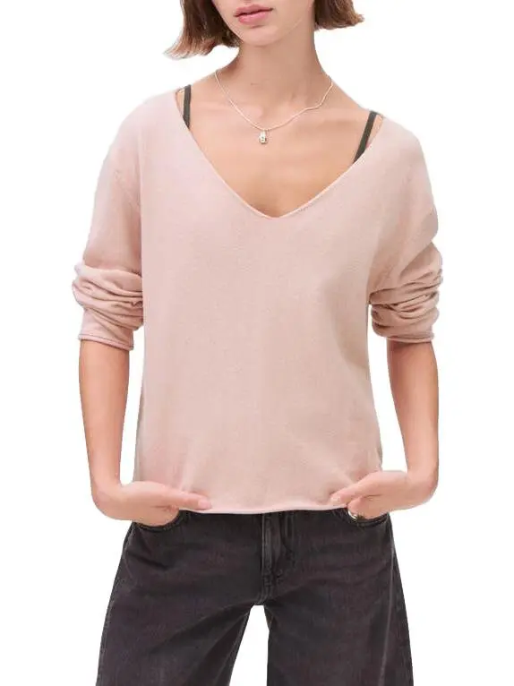 Mango Cotton Blend V-neck Sweater - Pastel Pink