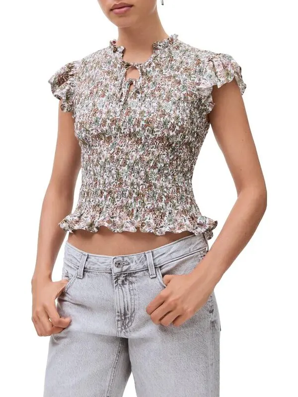 Mango Floral Cap Sleeve Smocked Crop Top - Off White