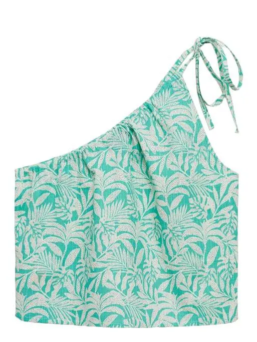 Mango Asymmetric Tropical Print Crop Top - Turquoise