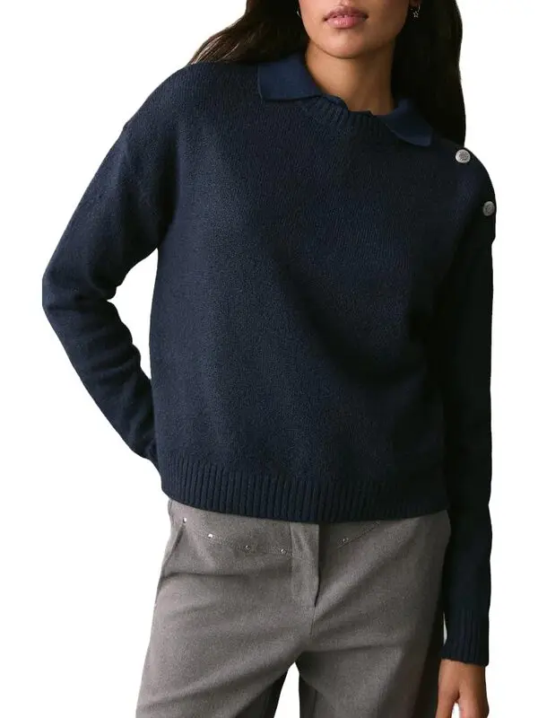 Mango Button Shoulder Crewneck Sweater - Navy