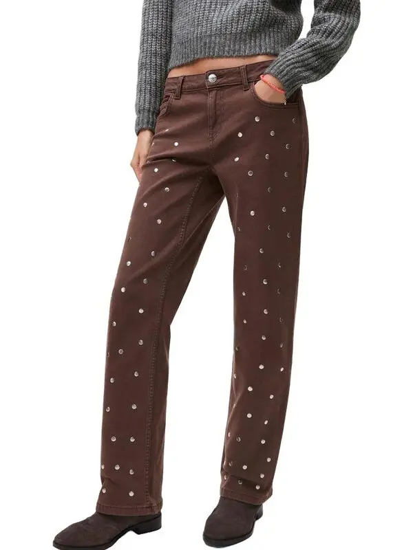 Mango Studded Low Rise Straight Leg Jeans - Chocolate