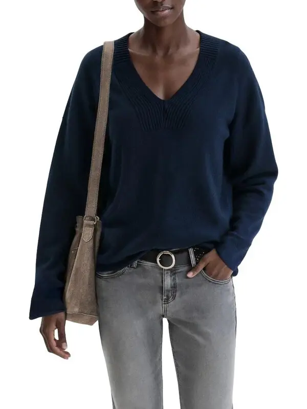 Mango Relaxed Fit V-neck Cotton Sweater - Navy