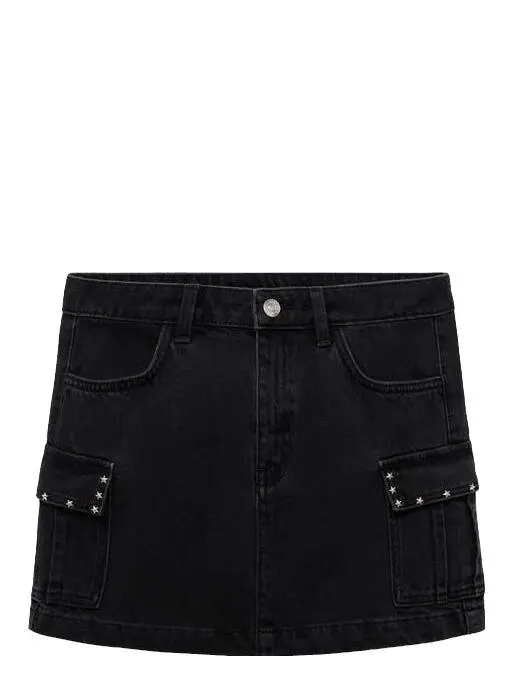 Mango Star Studded Denim Cargo Miniskirt - Black Denim