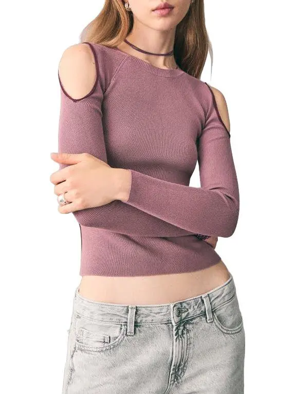 Mango Cold Shoulder Crewneck Sweater - Light Pink
