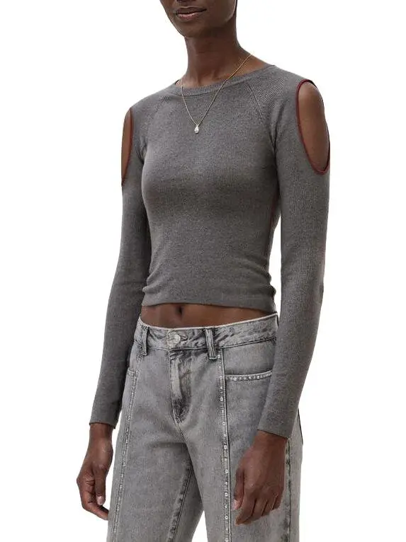 Mango Cold Shoulder Crewneck Sweater - Medium Heather Grey