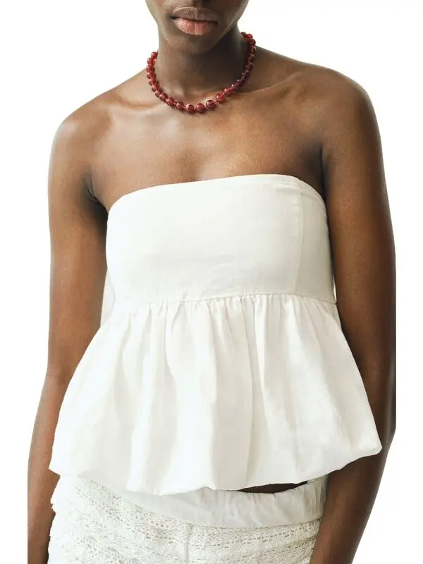 Mango Cotton & Linen Strapless Peplum Top - Off White