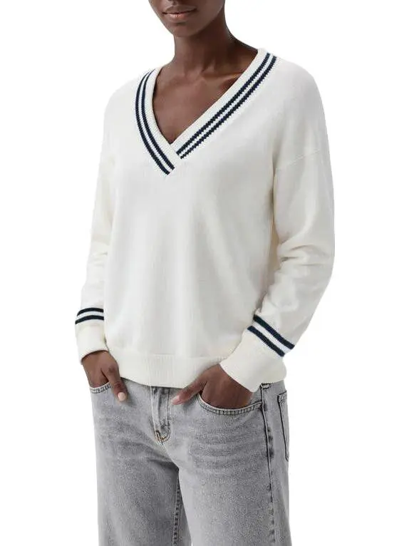 Mango Striped V-neck Cotton Blend Sweater - White
