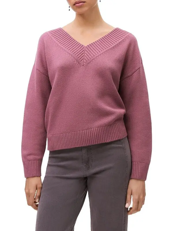 Mango Wide V-neck Cotton Sweater - Cherry