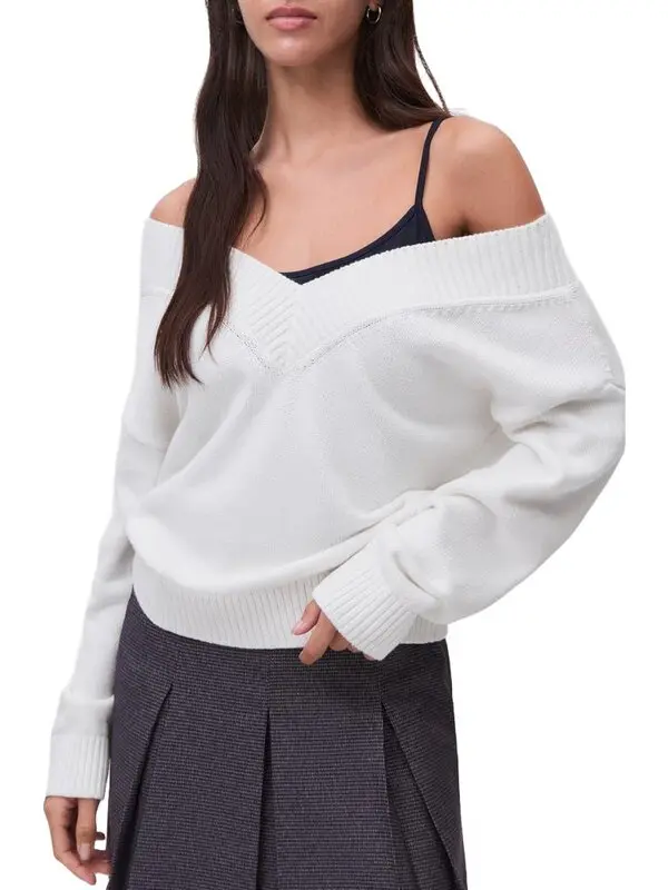 Mango Wide V-neck Cotton Sweater - White