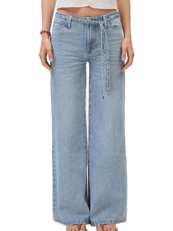 Mango Low Rise Wide Leg Jeans With Waist Tie - Light Blue