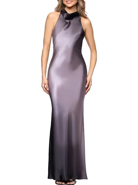 Betsy & Adam Ombré Satin Halter Neck Gown - Grey/gunmetal