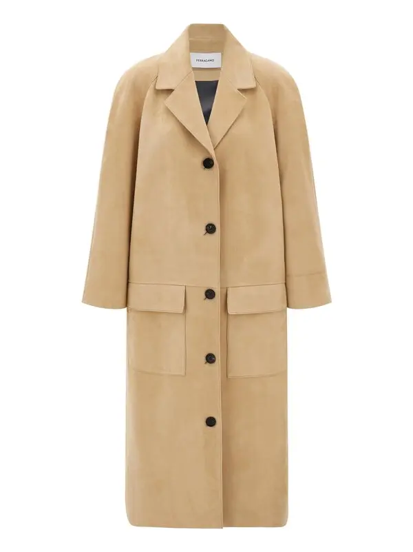 FERRAGAMO Single Breasted Suede Coat - Beige