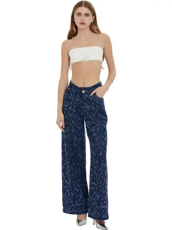 GIZIA Belt And Button Detail Wide-leg Denim Pants - Navy