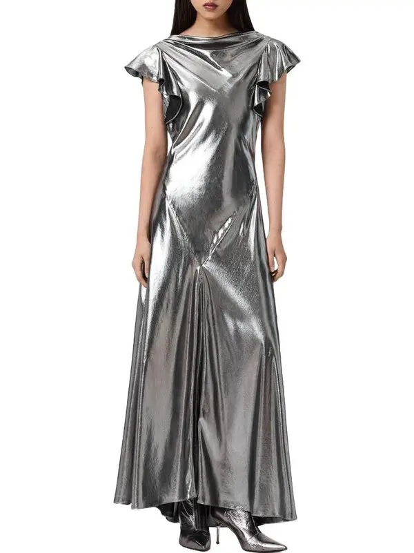 ALLSAINTS Flora Metallic Cowl Neck Maxi Dress - Metallic Silver