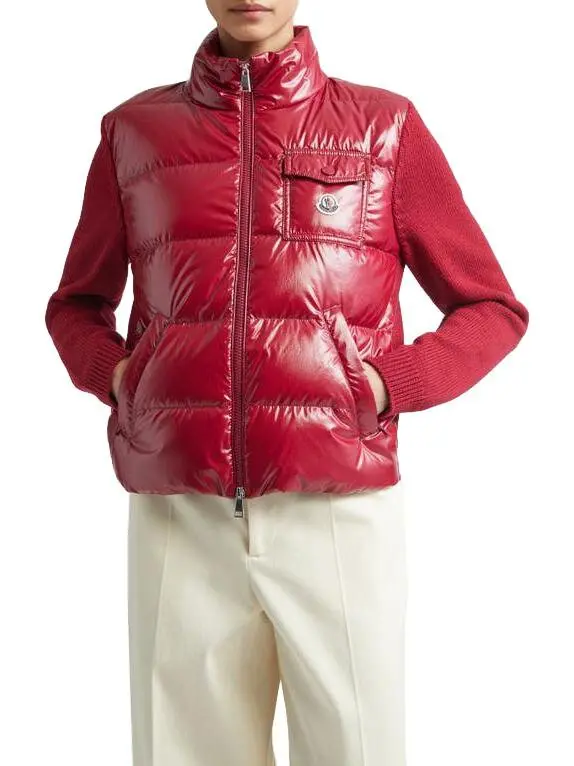Moncler Mixed Media Quilted Down Puffer Cardigan - Red