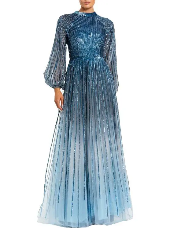 Mac Duggal Sequin Ombre Bishop Sleeve A-line Gown - Slate Blue