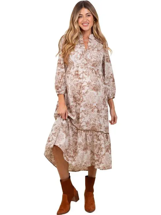 PINKBLUSH Printed Split Ruffle Collar Maternity Midi Dress - Brown