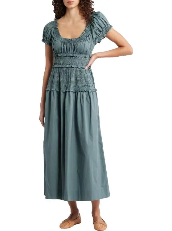 DÔEN Leanne Smock Waist Tiered Organic Cotton Dress - Lagoon