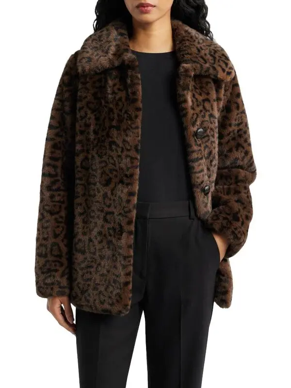 Mango Zurich Leopard Spot Faux Fur Coat - Brown