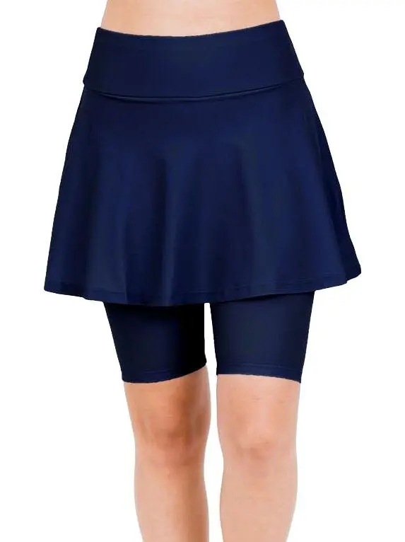 CALYPSA Midi Swim Skort With Bike Shorts - Navy