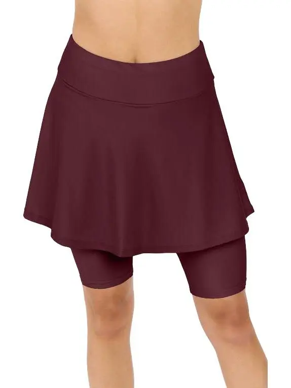 CALYPSA Midi Swim Skort With Bike Shorts - Wine
