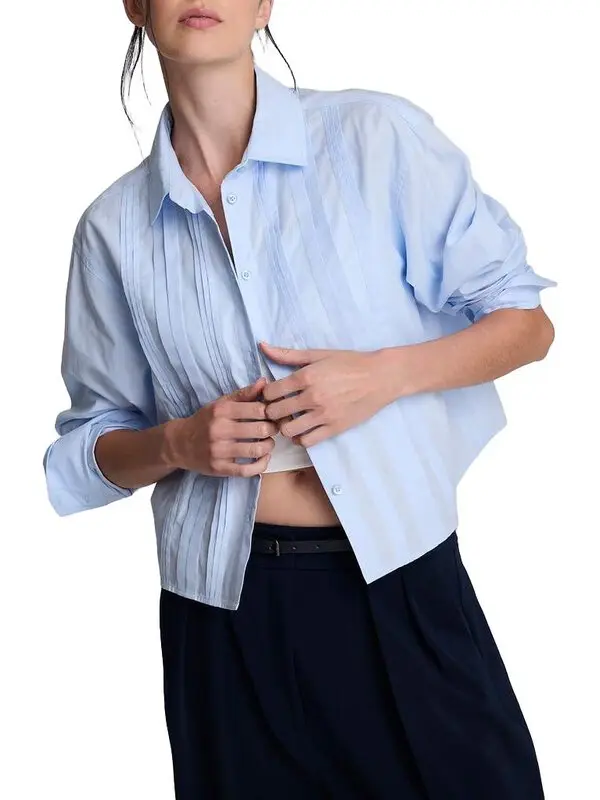KENNETH COLE Striped Cropped Button-up Shirt - Cloud Blue