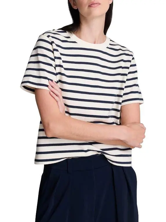KENNETH COLE Boxy Striped Cotton T-shirt - Oyster/dark Navy