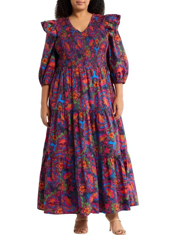 SUGARLIPS Raveena Smocked Maxi Dress - Navy-fuchsia