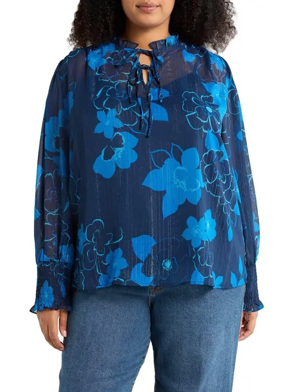 SUGARLIPS Floral Metallic Blouse - Navy-blue