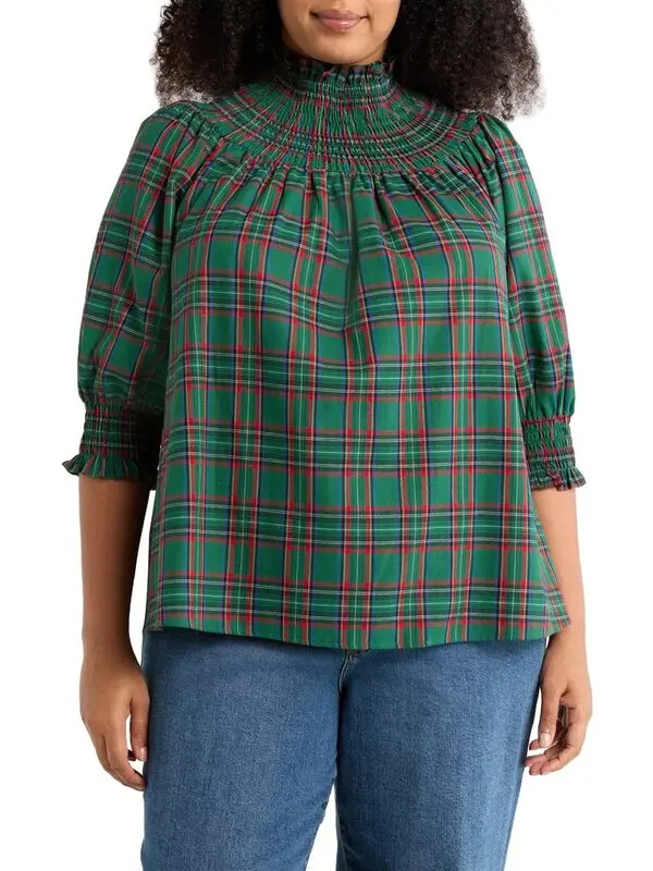 SUGARLIPS Jace Plaid Smocked Top - Green-multi
