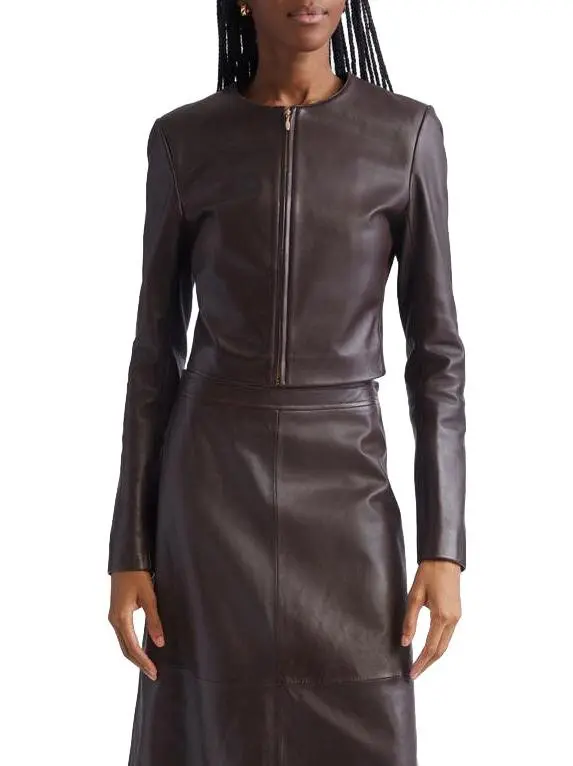 St. John Clarissa Napa Leather Crop Jacket - Mahogany