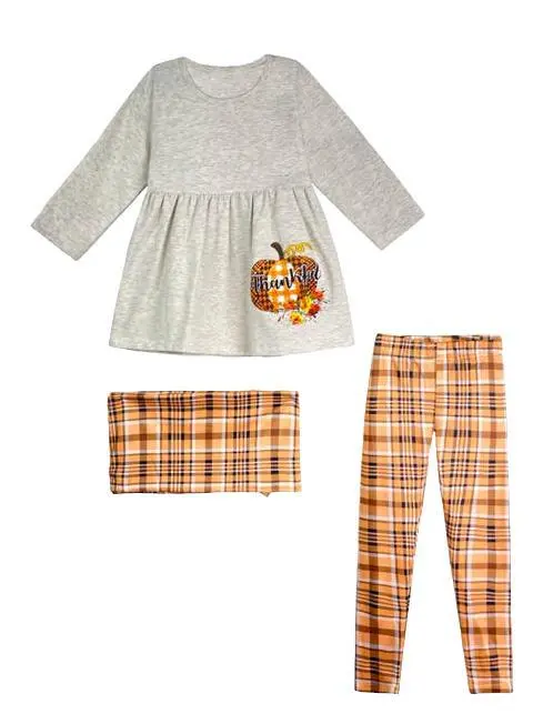 MIA BELLE GIRLS Printed Tunic With Leggings And Scarf - Orange