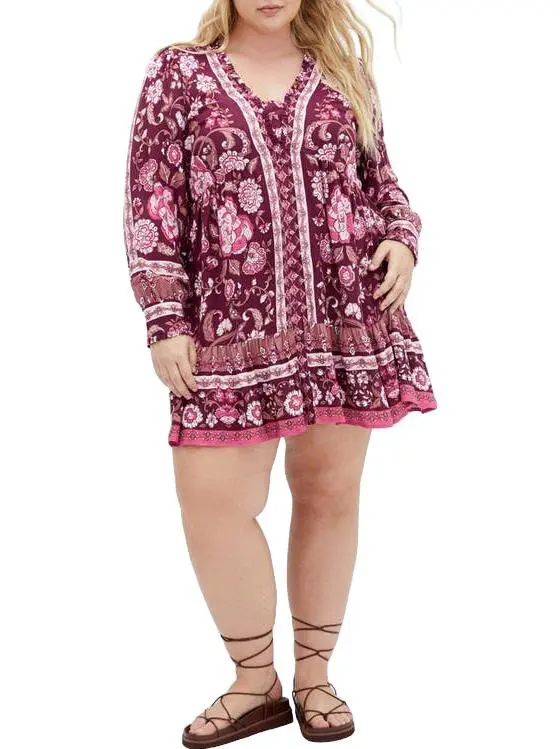 City Chic Fiona Long Sleeve Mini Dress - Purple Print
