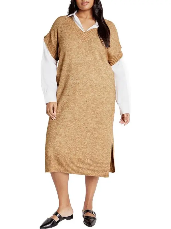 City Chic Gloria Layered Long Sleeve Knit Dress - Caramel
