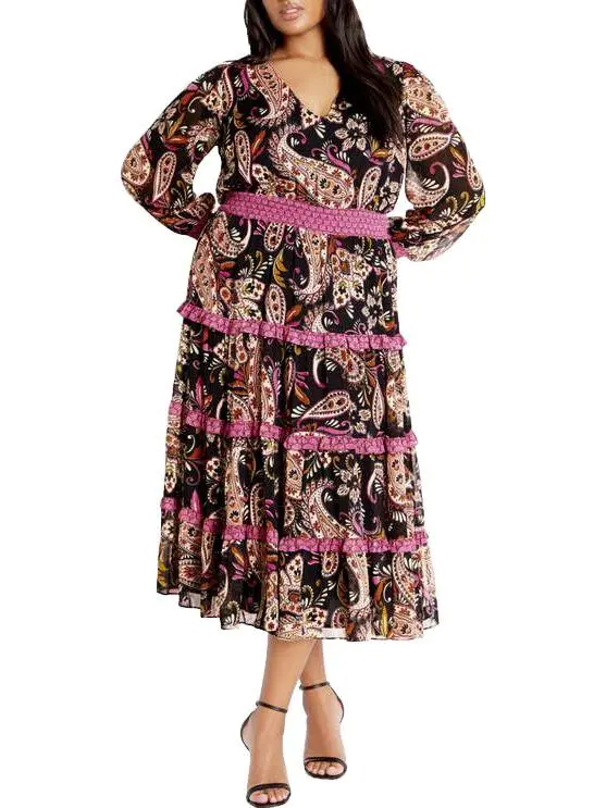 City Chic Long Sleeve Tiered Midi Dress - Paisley