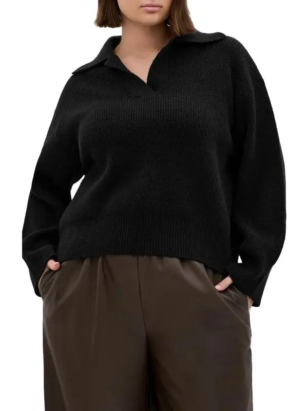 City Chic Ribbed Spread Collar Sweater - Black