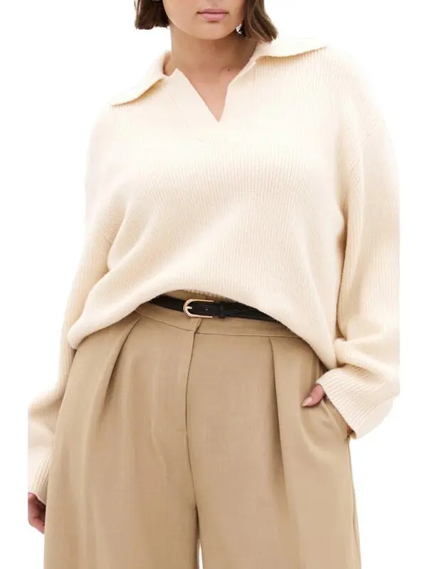 City Chic Ribbed Spread Collar Sweater - Cream